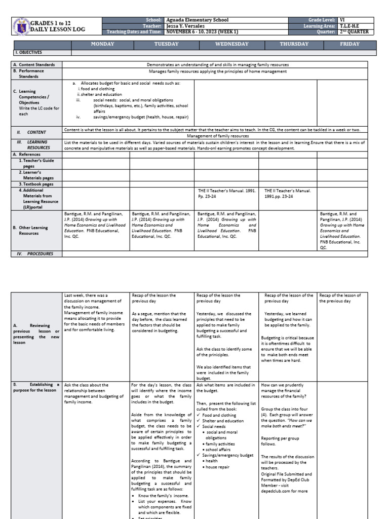 DLL - Tle 6 - Q2 - W1 | PDF | Learning | Teachers