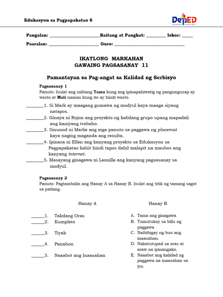 EsP 6-Q3-G.Pagsasanay 11 | PDF
