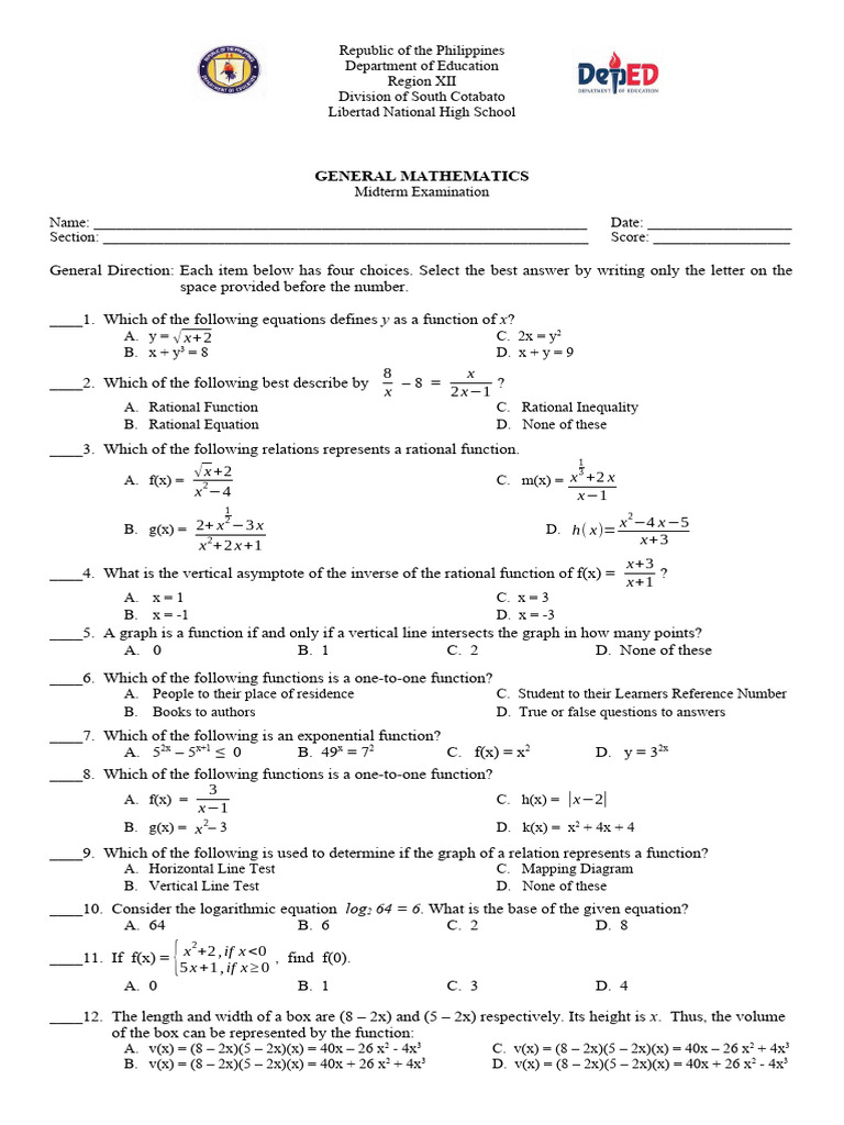 General Math Midterm Exam | PDF | Function (Mathematics) | Ellipse