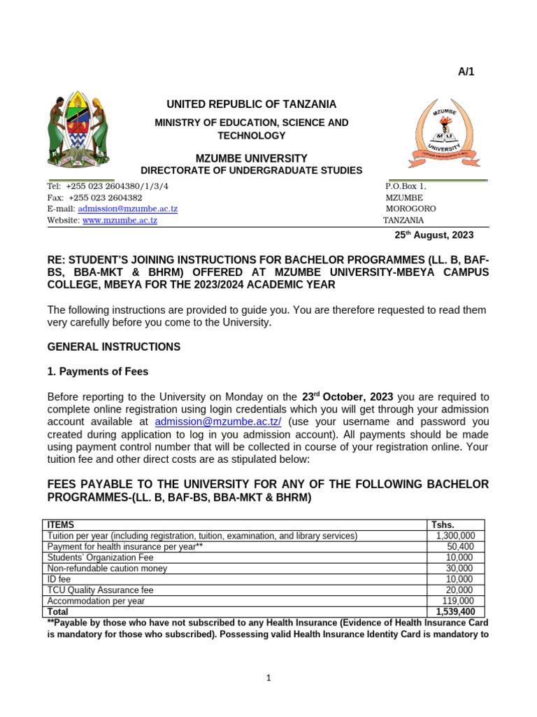 Bach Cat 1 Mbeya Join Instruction | PDF | Libraries | Fee