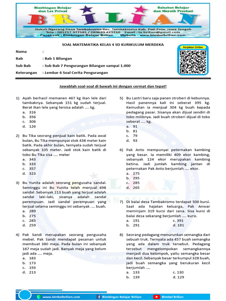 Soal Matematika Kelas 4 SD Soal Cerita Pengurangan Lembar 6 | PDF