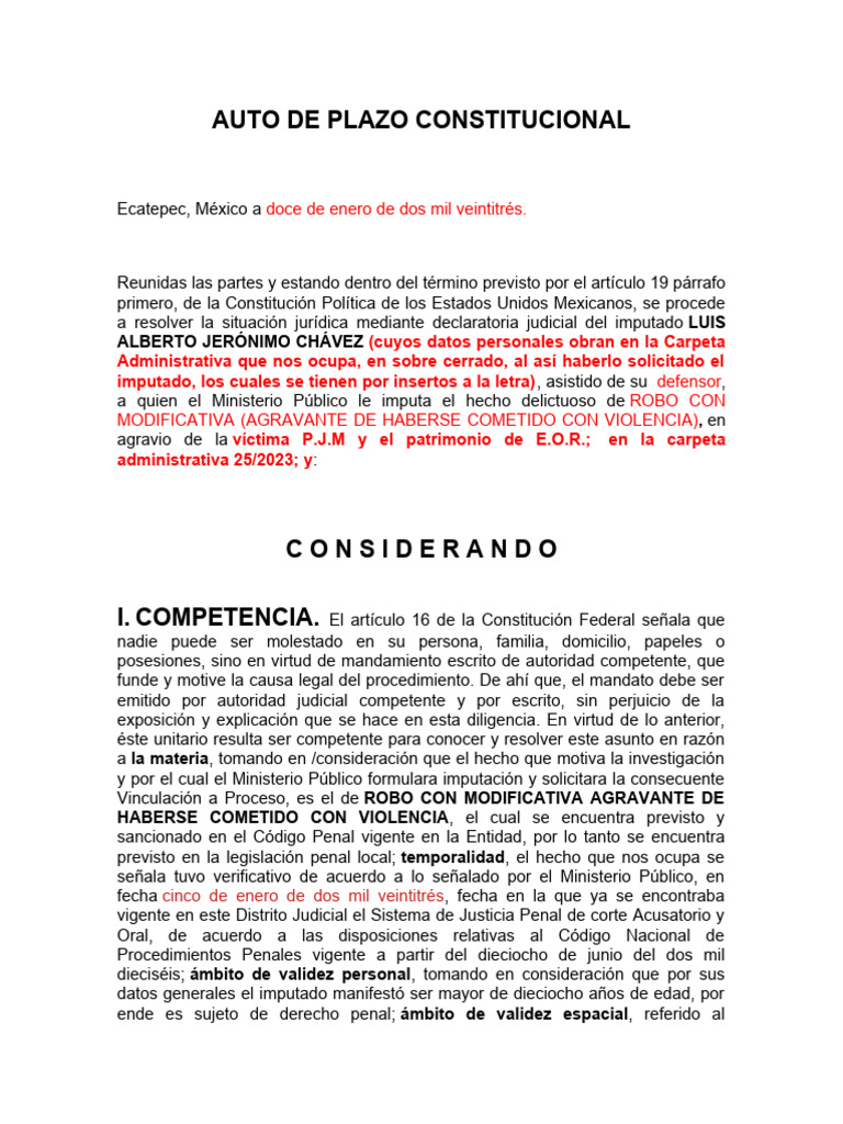Auto de Plazo Constitucional 25-23 | PDF | Derecho penal | Robo
