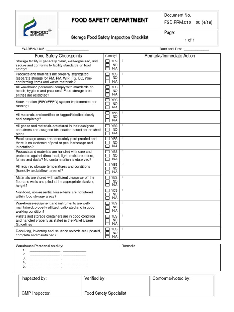 Food Safety Storage Inspection Checklist | PDF | Warehouse | Food Safety