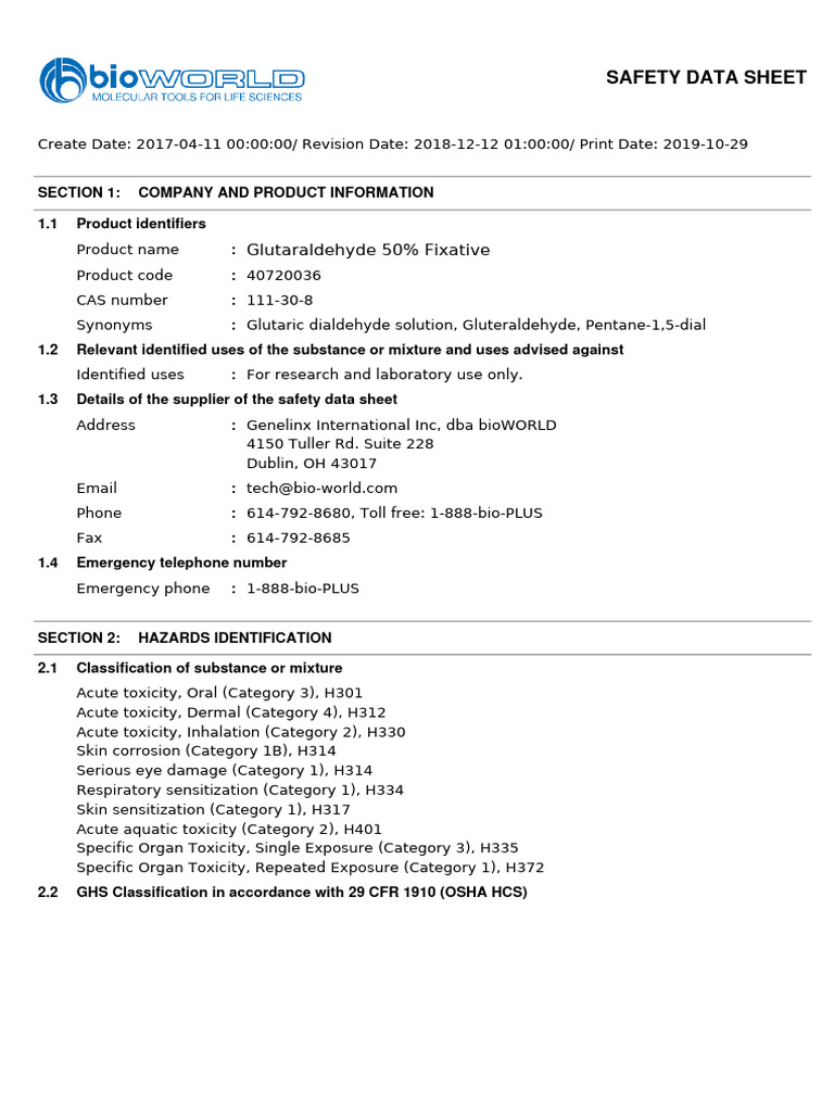 MSDS - Glutaraldehyde-50 | PDF | Toxicity | Allergy