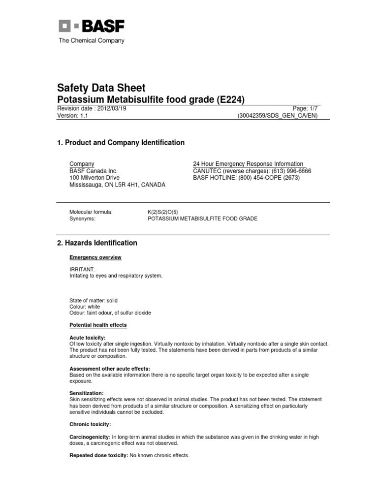 MSDS-Potassium Metabisulfite | PDF | Toxicity | Sewage Treatment