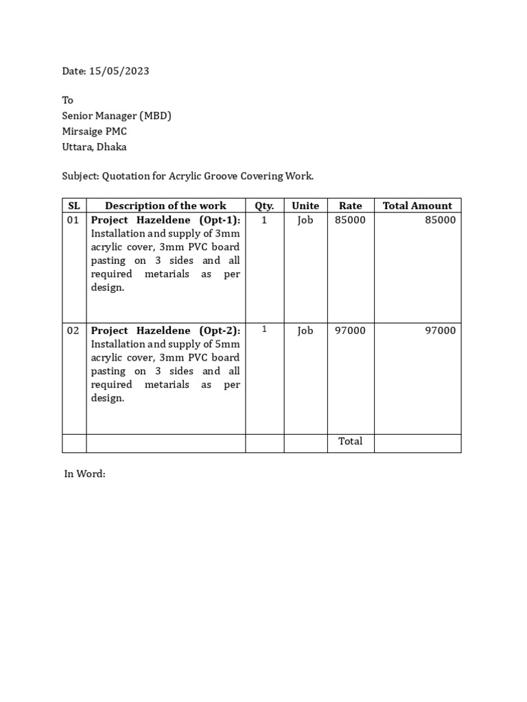 Quotation For Acrylic Groove Covering Work | PDF | Art | Technology ...