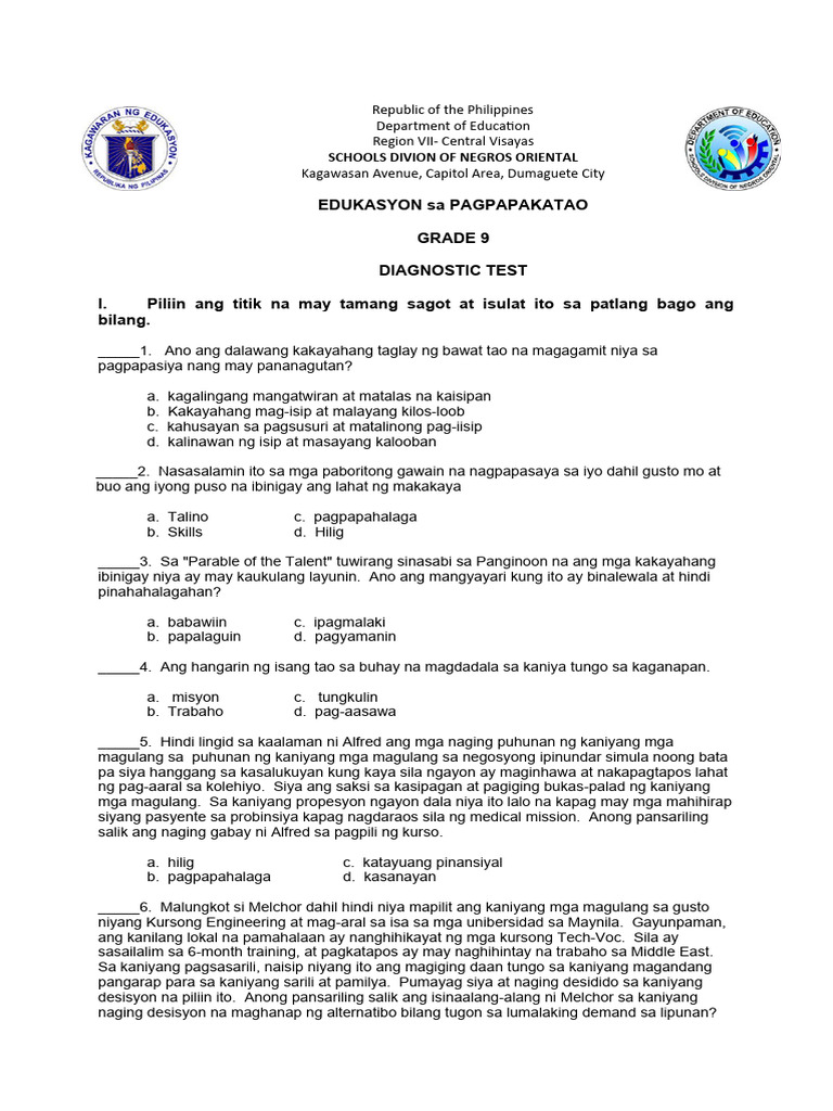 Grade 9- EsP Diagnostic Test with Answer Key | PDF