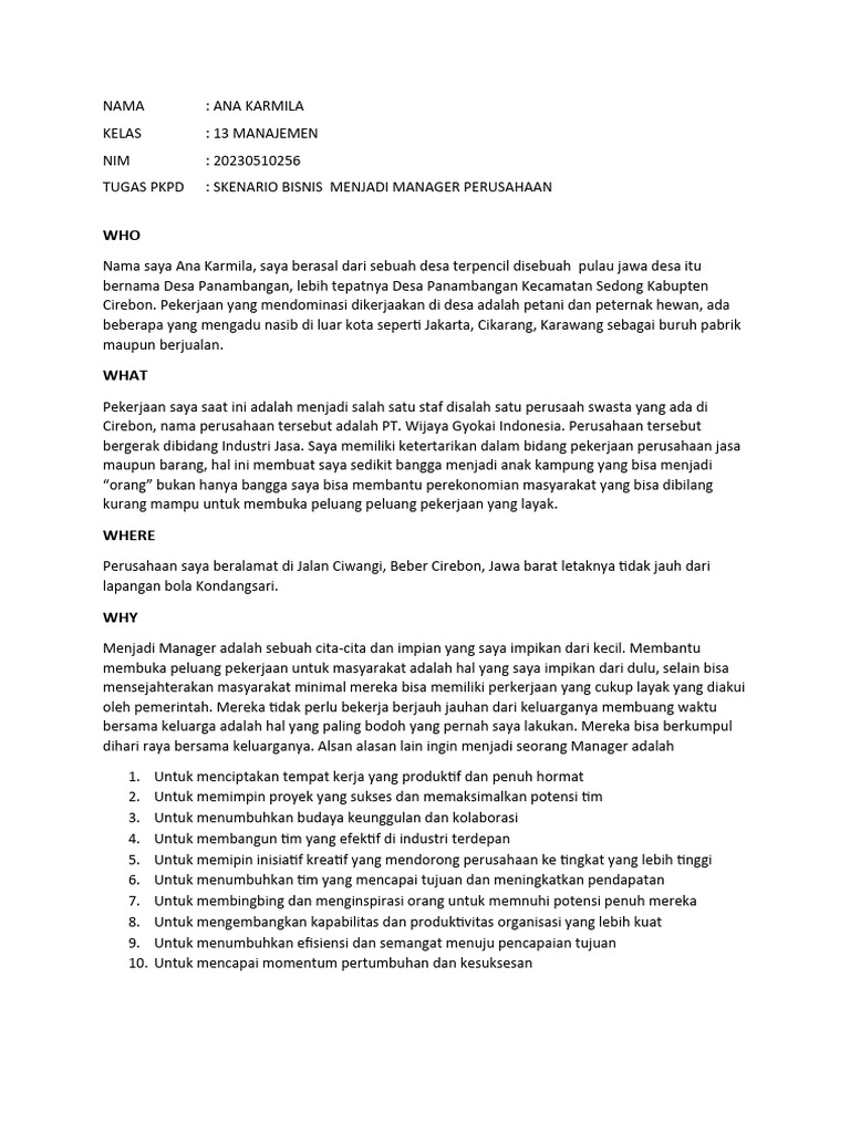 Ana Karmila - Nim20230510256 - Tugas Skenario PKPD - Kelas 13 MNG | PDF | Karier & Perkembangan ...