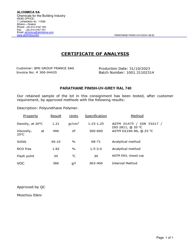 Certificate of Analysis for Parathane Finish | PDF | Computers ...