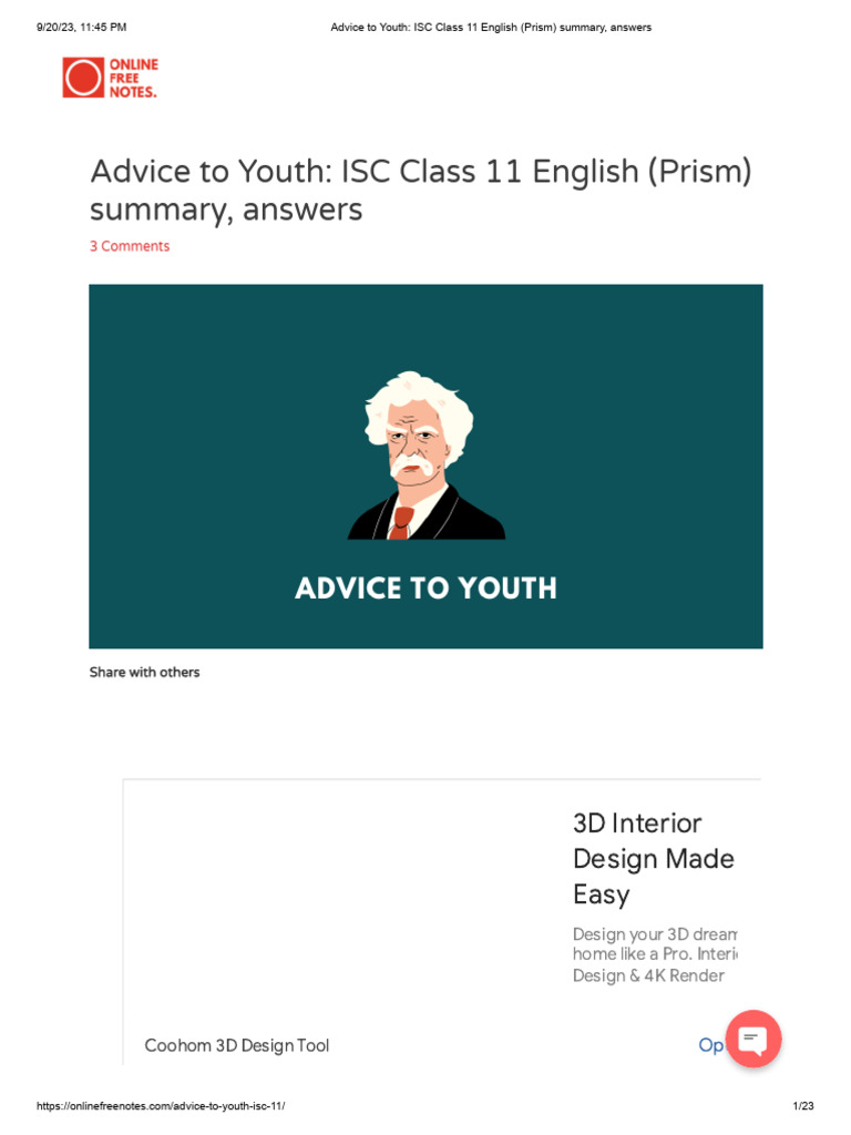 Advice To Youth - ISC Class 11 English (Prism) Summary, Answers | PDF ...