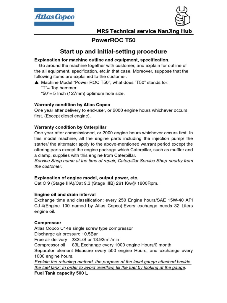 Powerroc T50 Start Up and Drilling Setting Procedure | PDF | Drill | Coolant