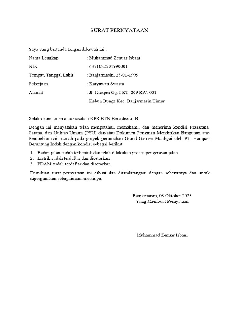 Surat Pernyataan Psu BTN | PDF