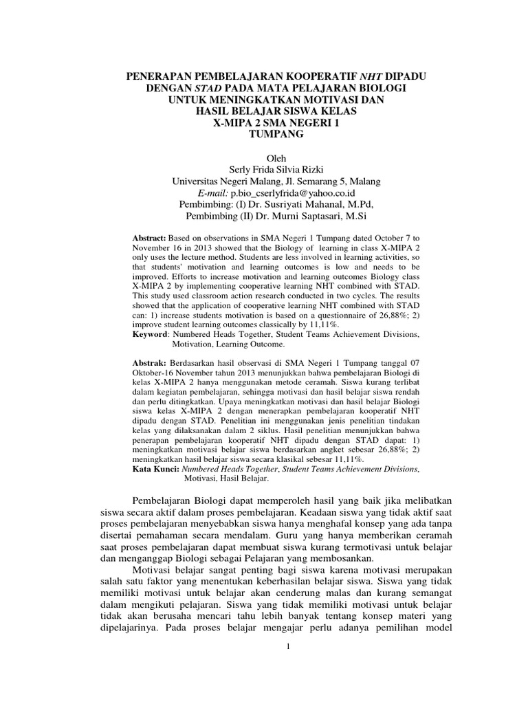 Peningkatan Motivasi dan Hasil Belajar Biologi dengan Metode NHT-STAD | PDF | Karier & Perkembangan