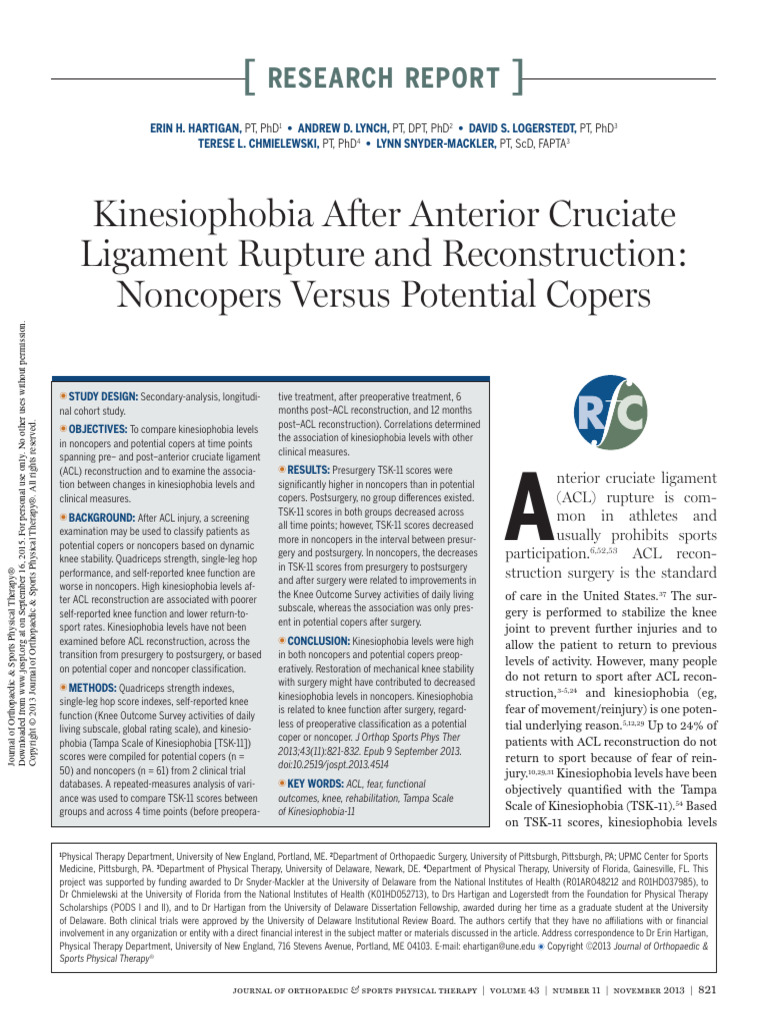 Kinesiophobia After ACL Rupture (Hartigan Et Al 2013) | PDF | Physical ...