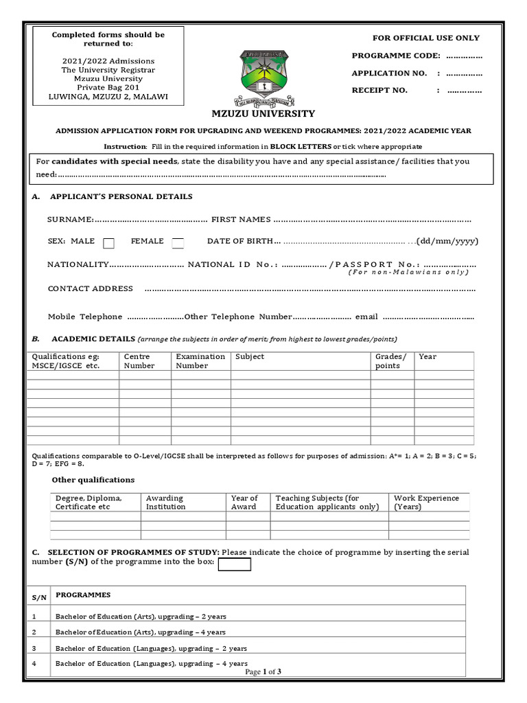 Mzuzu University Application Form 2021/22 | PDF | Bachelor's Degree ...