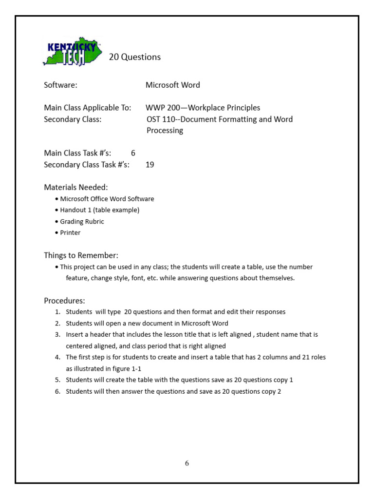 20 Questions Formatting Project Guide | PDF | Microsoft Word | Human ...