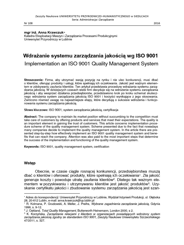 Wdrażanie Systemu Zarządzania Jakością WG ISO 9001: Implementation An ...