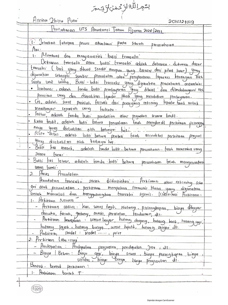 Pembahasan Soal UTS Akuntansi 2020 - Afrina Zhilla Putri - 2010221009 | PDF