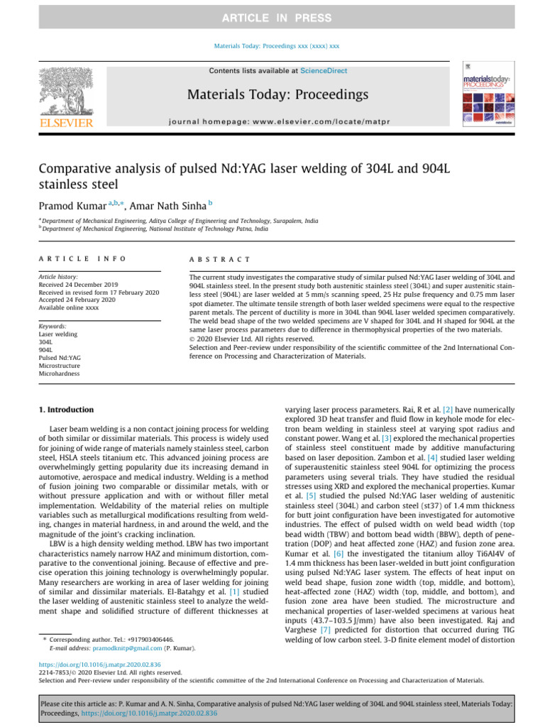 Comparative Analysis of Pulsed ND - YAG Laser Welding of 304L and 904L Stainless Steel ...