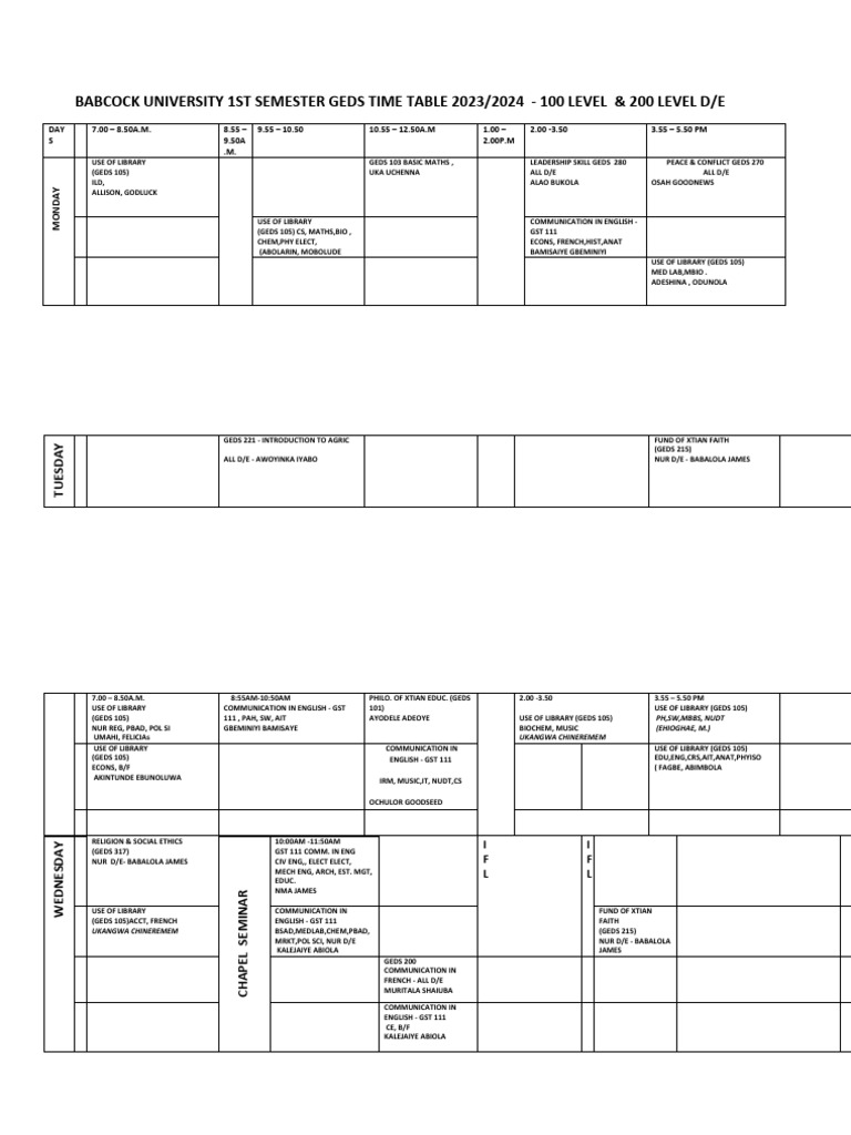 1ST Semester Geds Time Table 4 100 Level | PDF | Schools | Educational ...
