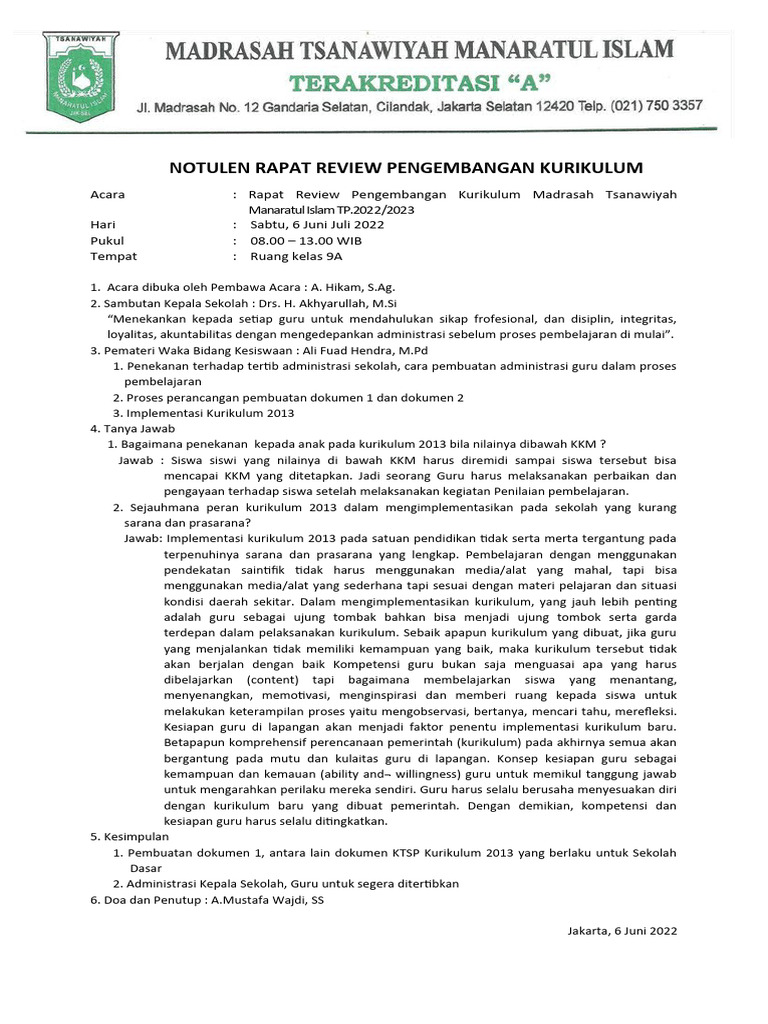 Rapat Review Kurikulum MTs Manaratul Islam | PDF