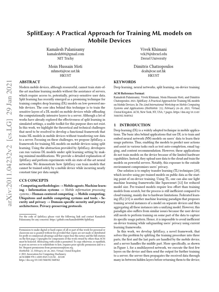 SplitEasy A Practical Approach For Training ML Models On Mobile Devices | PDF | Artificial ...