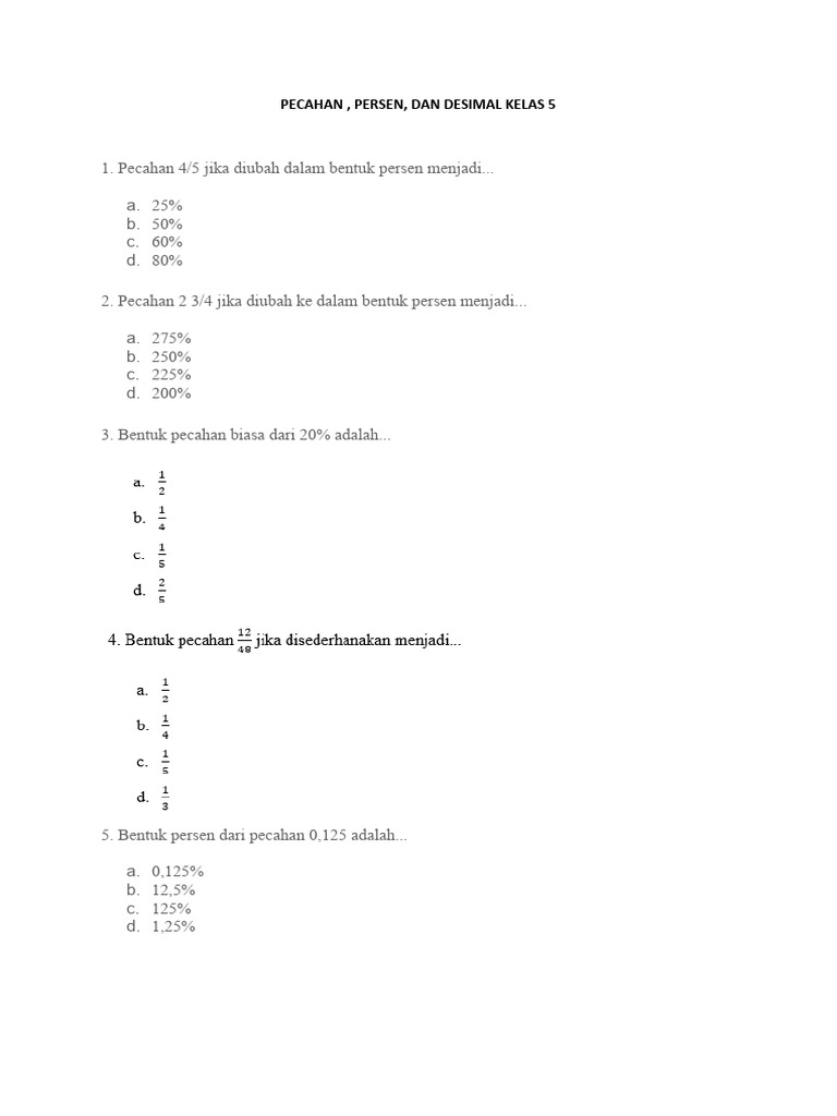PECAHAN, Persen Dan Desimal Kls 4 | PDF