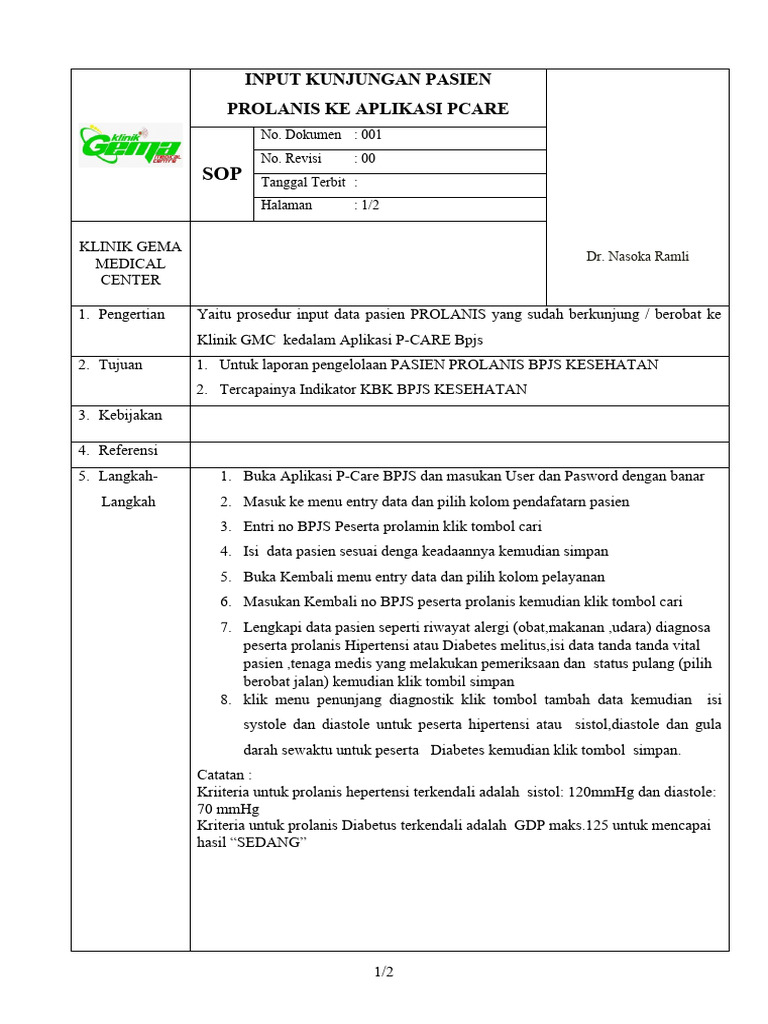 SOP Input Data Pasien Prolanis BPJS | PDF