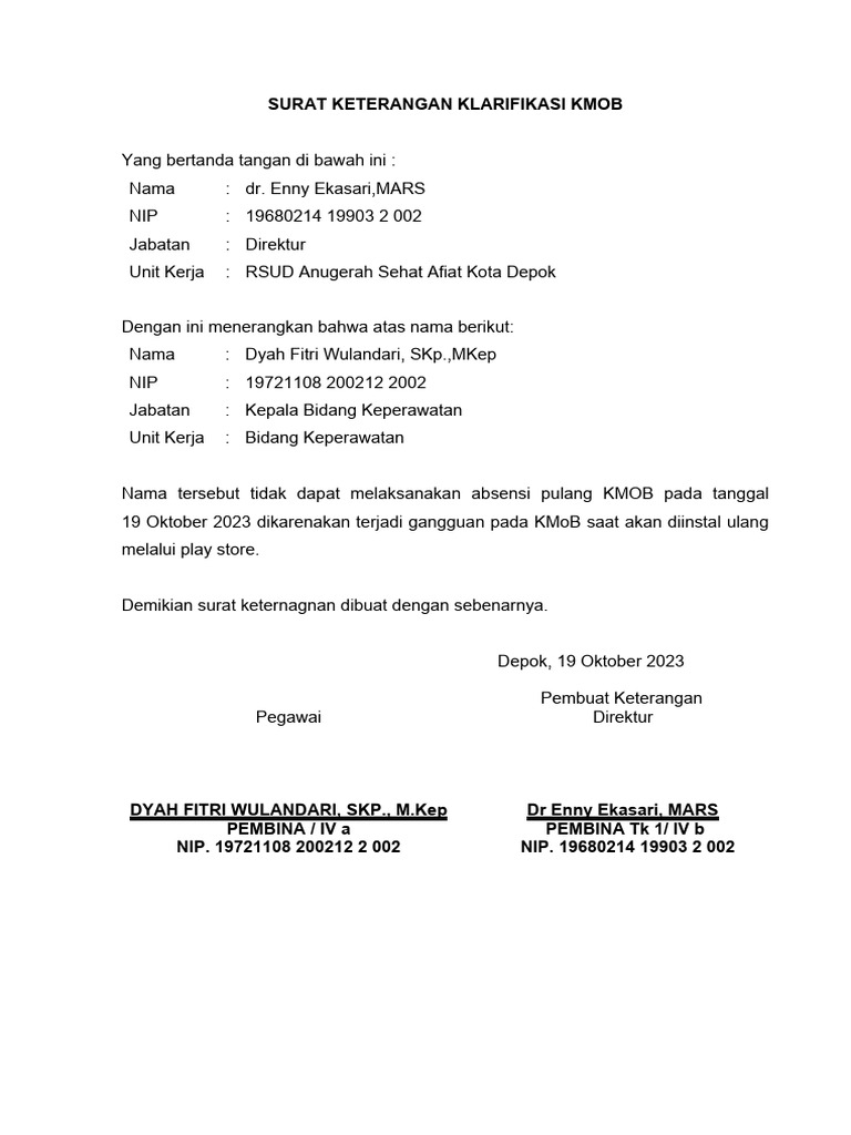 SURAT KETERANGAN KLARIFIKASI KMoB DYAH FITRI (1) | PDF