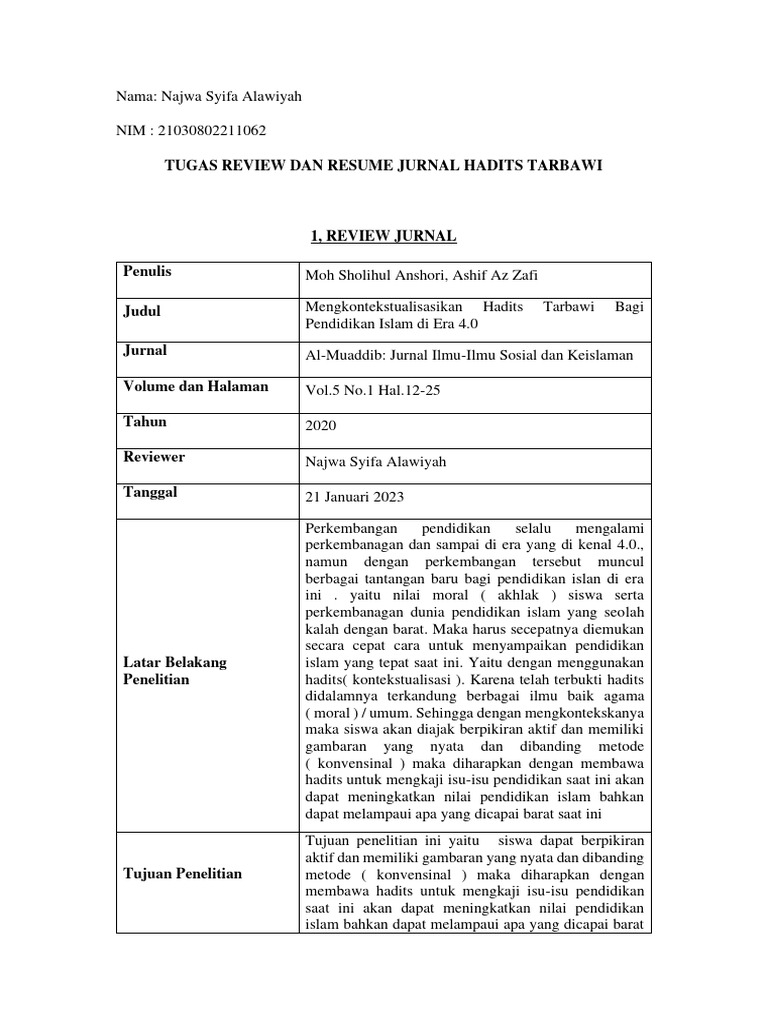 Tugas Review Dan Resume Jurnsal Hadits | PDF | Karier & Perkembangan