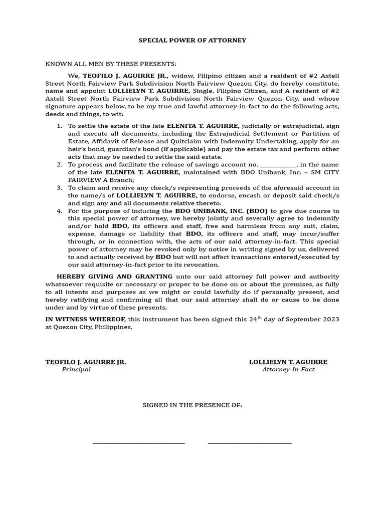 Special Power of Attorney - Bank | PDF | Power Of Attorney | Indemnity