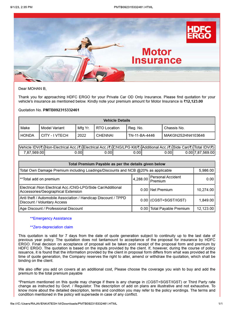 HDFC Quotes | PDF | Insurance | Vehicle Insurance