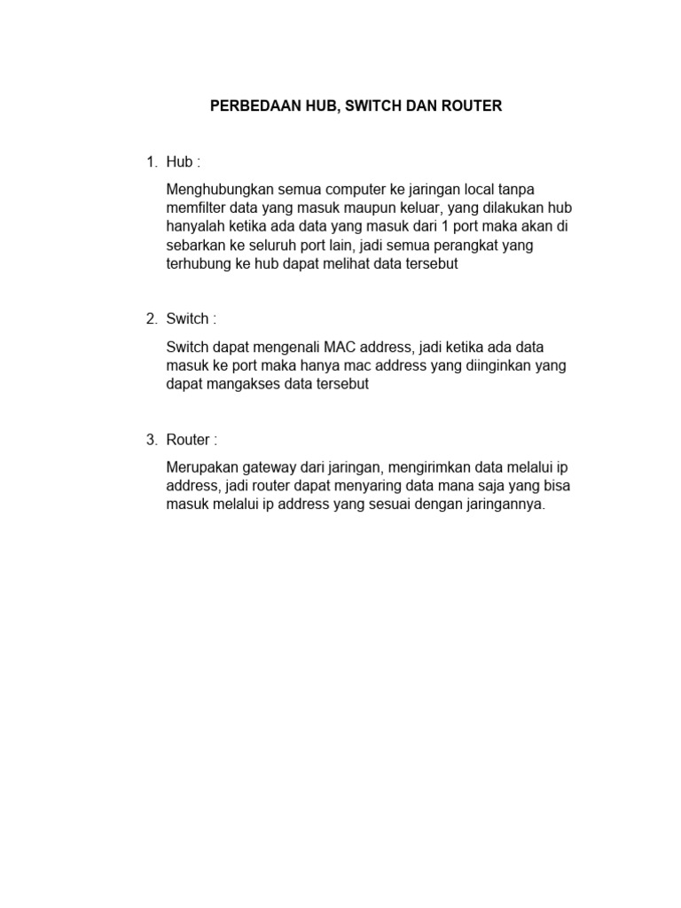 Perbedaan Hub, Switch Dan Router | PDF Perbedaan Hub, Switch Dan Router | PDF