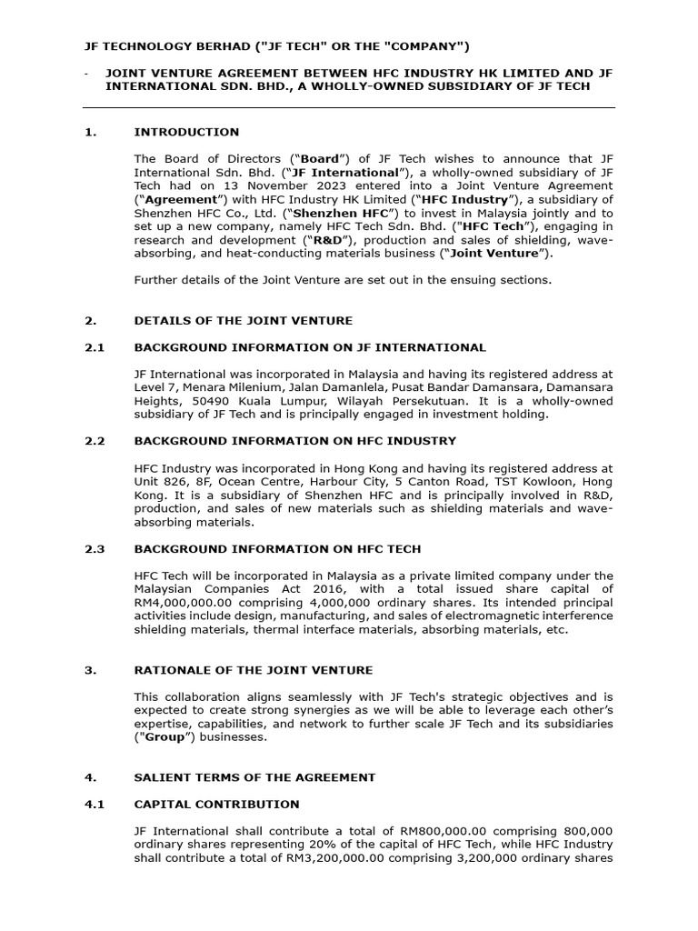 JF Tech - Joint Venture Agreement With HFC Industry and JF ...