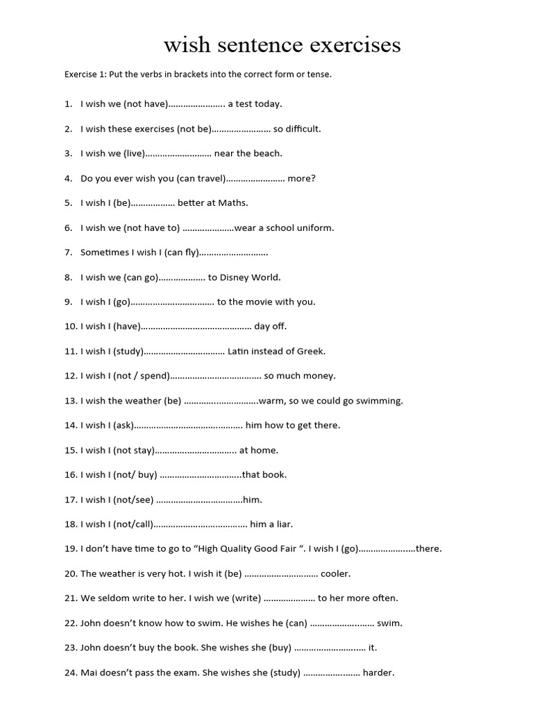 Wish Sentence Exercises | PDF | Linguistics | Grammar