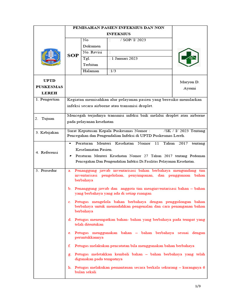 Sop Pemisahan Pasien Infeksius Dan Non Infeksius | PDF