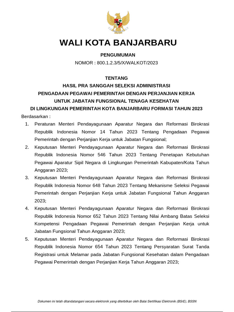 Pengumuman Pra Sanggah Administrasi PPPK Kesehatan | PDF