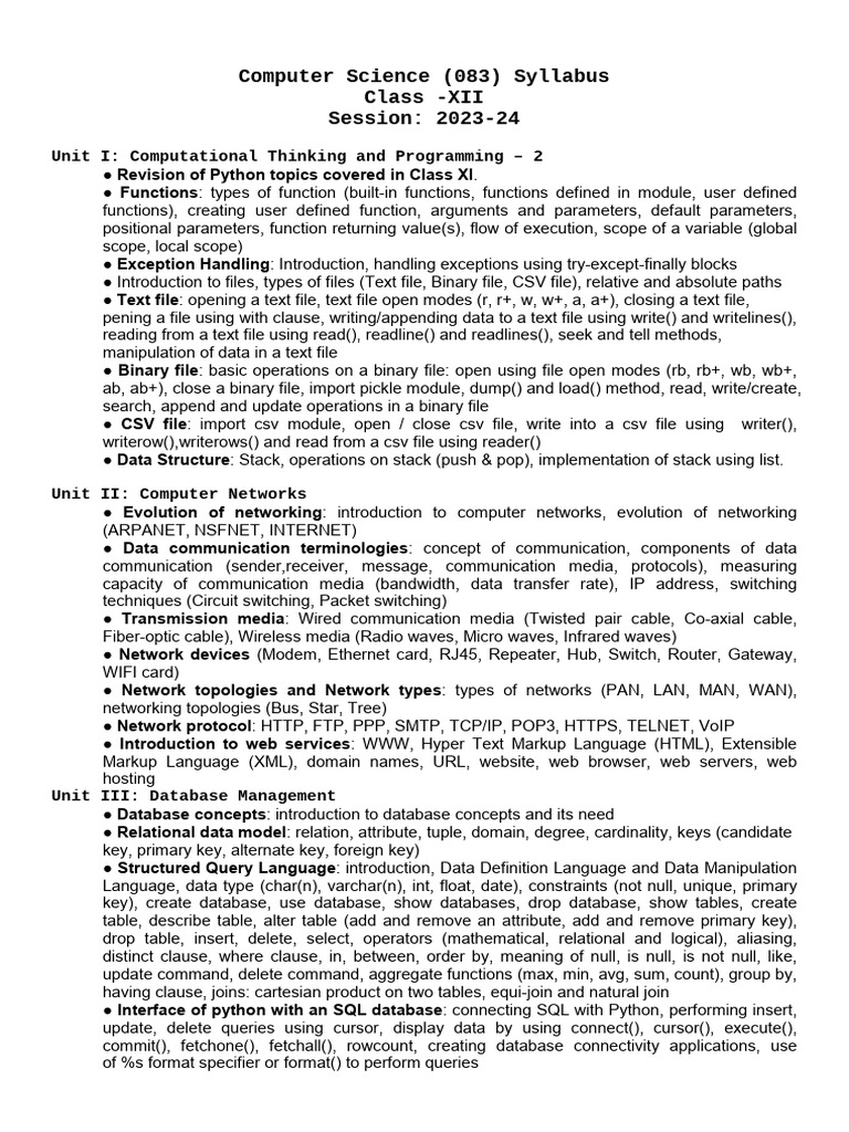 Class 12 Computer Science Syllabus | PDF | Computer Network | World ... Class 12 Computer Science Syllabus | PDF | Computer Network | World ...