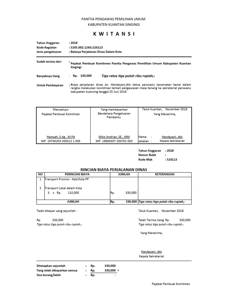 Kwitansi Perjalanan Dinas Panwaslu 2018 | PDF