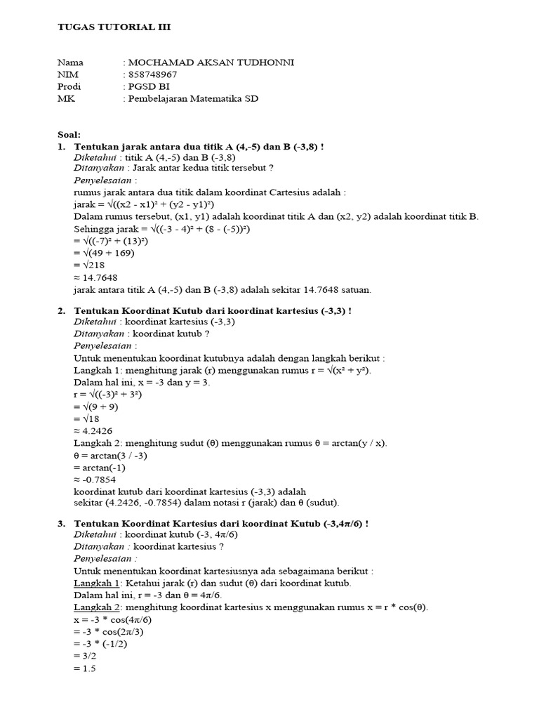 TUGAS TUTORIAL III - Pembelajaran Matematika SD - MOCHAMAD AKSAN TUDHONNI | PDF