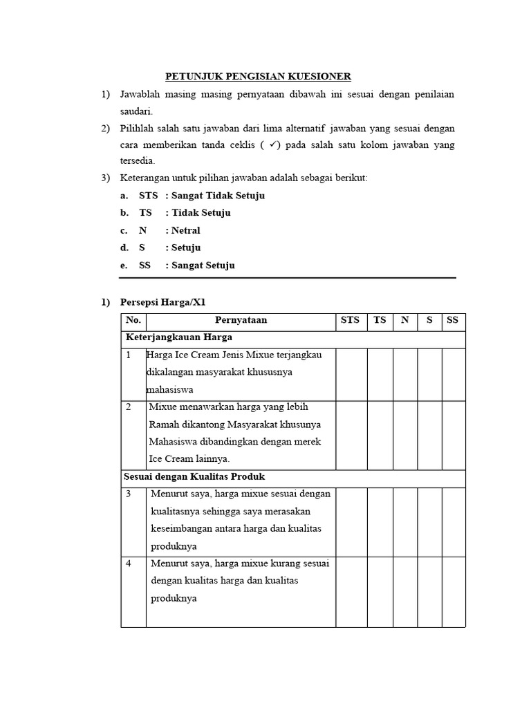 Petunjuk Pengisian Kuesioner | PDF