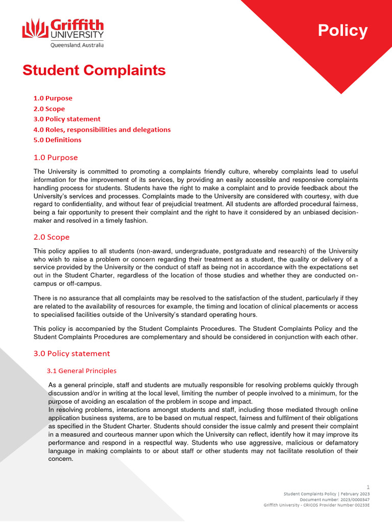 Student Complaint Policy - Griffith University | PDF | Sexual Harassment | Complaint