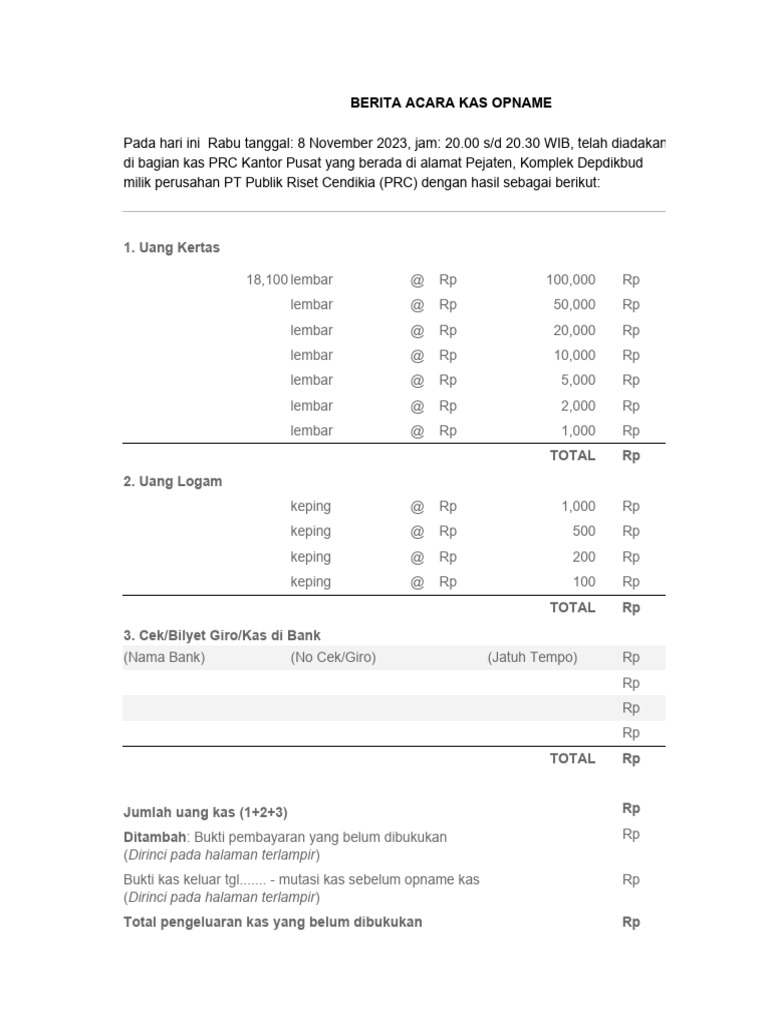 Berita Acara Cash Opname | PDF