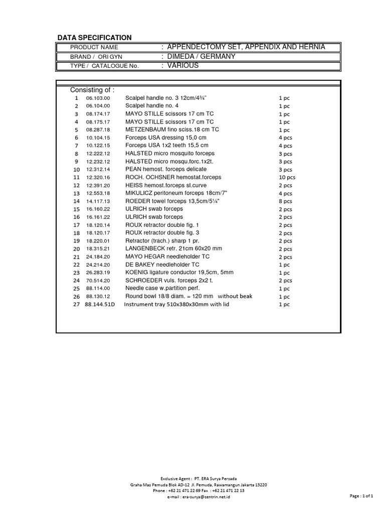 Specifications Appendectomy Set, Appendix and Hernia - Dimeda - Various ...
