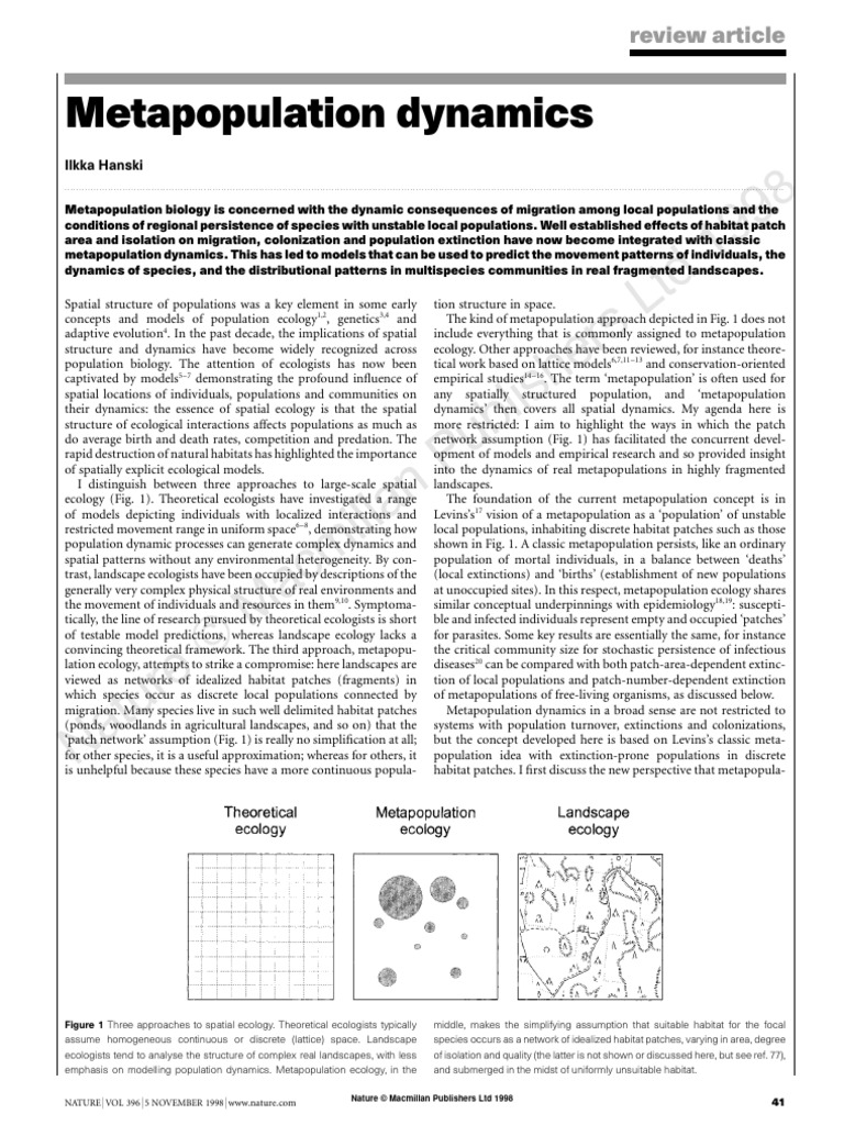 Hanski - 1998 - Metapopulation Dynamics | PDF | Ecology | Habitat ...