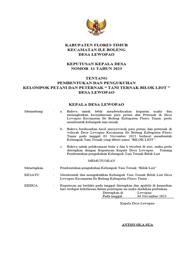 SK Kepala Desa Tentang Pembentukan Kelompok Tani Ternak | PDF