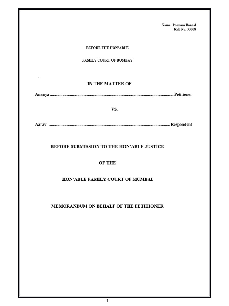 Divorce Petition Memorandum: Ananya vs. Aarav | PDF | Marriage | Divorce