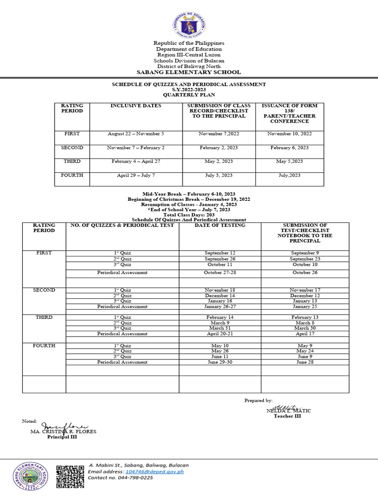 Schedule Of Quizzes And Periodical Assessment 2022 2023 Pdf Quiz
