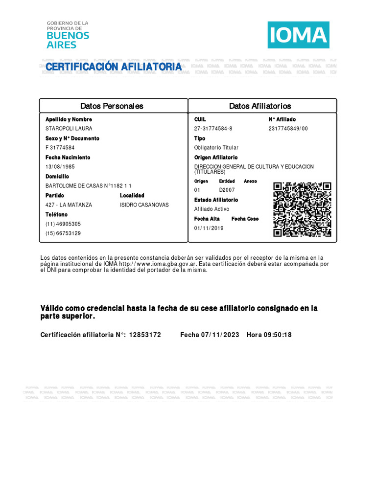 Certificación Afiliatoria Grupo Familiar STAROPOLI LAURA | PDF | Documentos legales ...