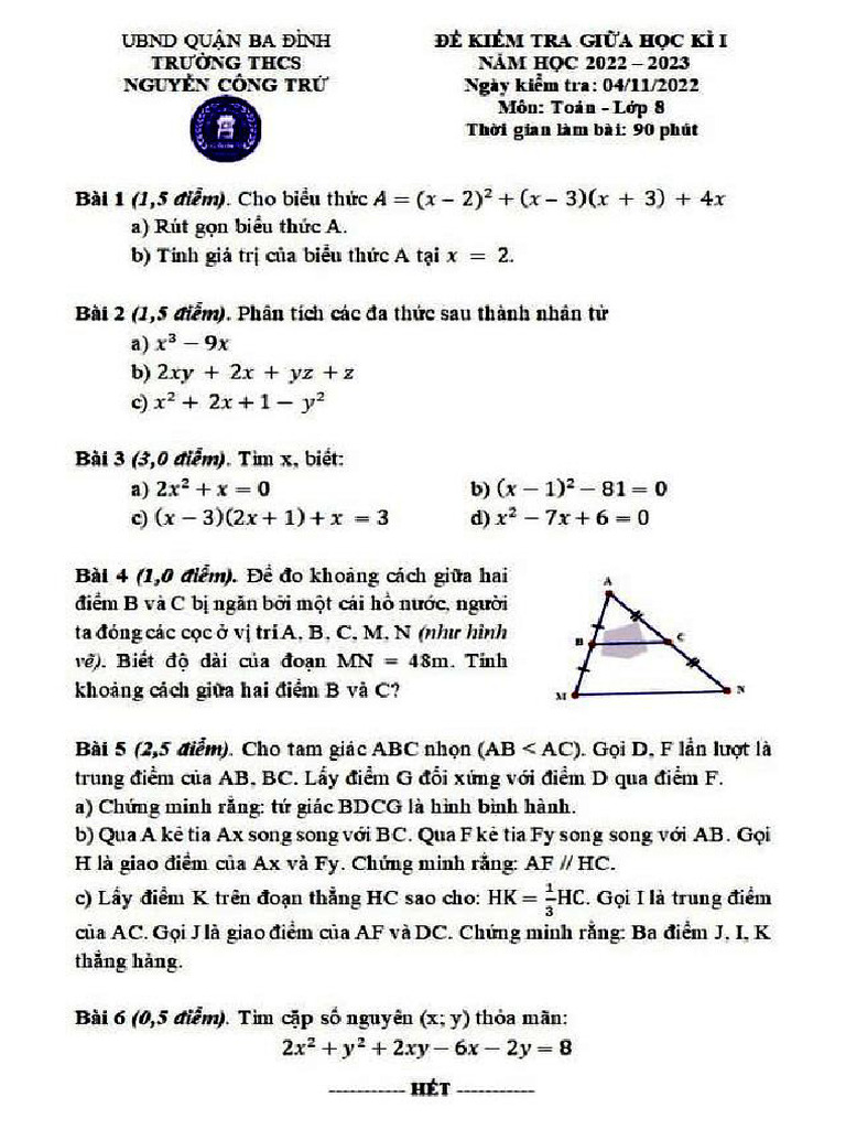 De Giua Ki 1 Toan 8 Nam 2022 2023 Truong Thcs Nguyen Cong Tru Ha Noi | PDF